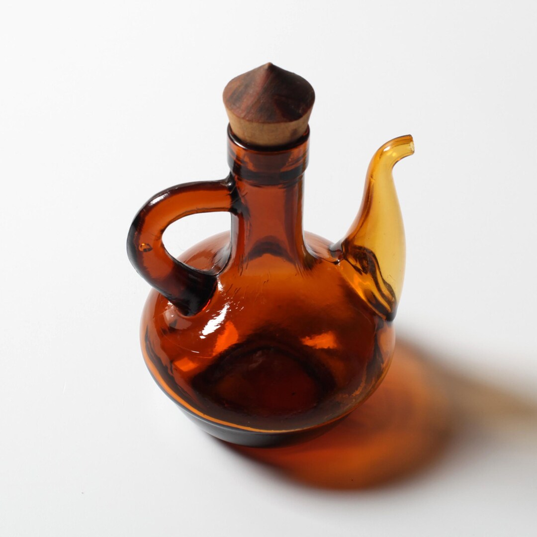 Small Amber Glass Oil and Vinegar Pourer / Vintage Amber Glass Oil Jug ...