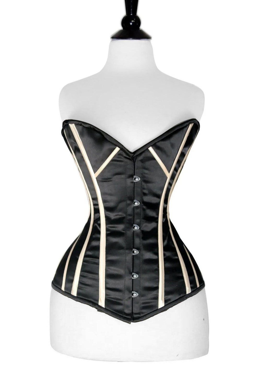 Full Bust Corset Black Satin White Stripes Overbust Corset Ladies ...