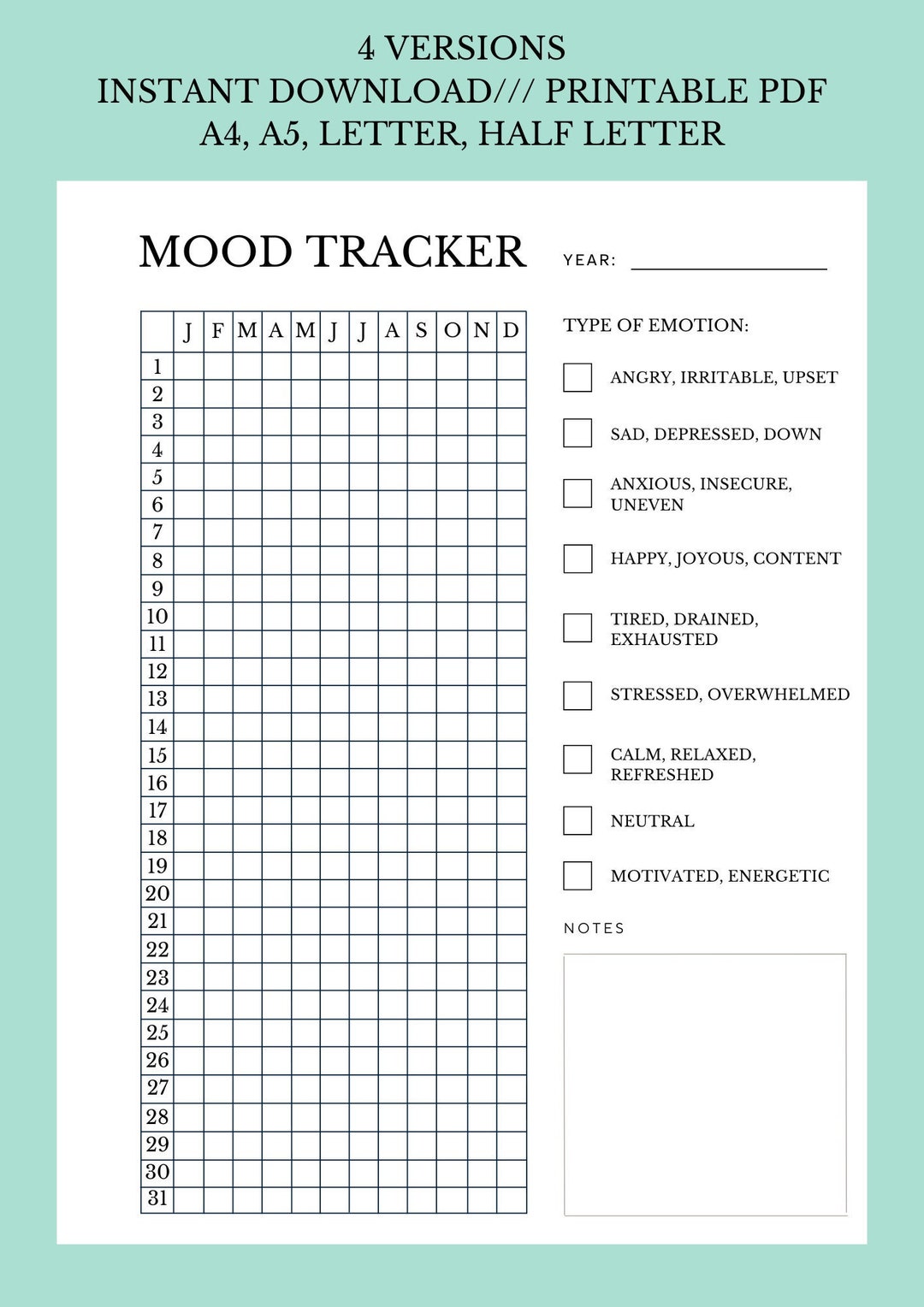 Mood Tracker Yearly Printable Mood Journal Emotion Tracker Mood Chart ...