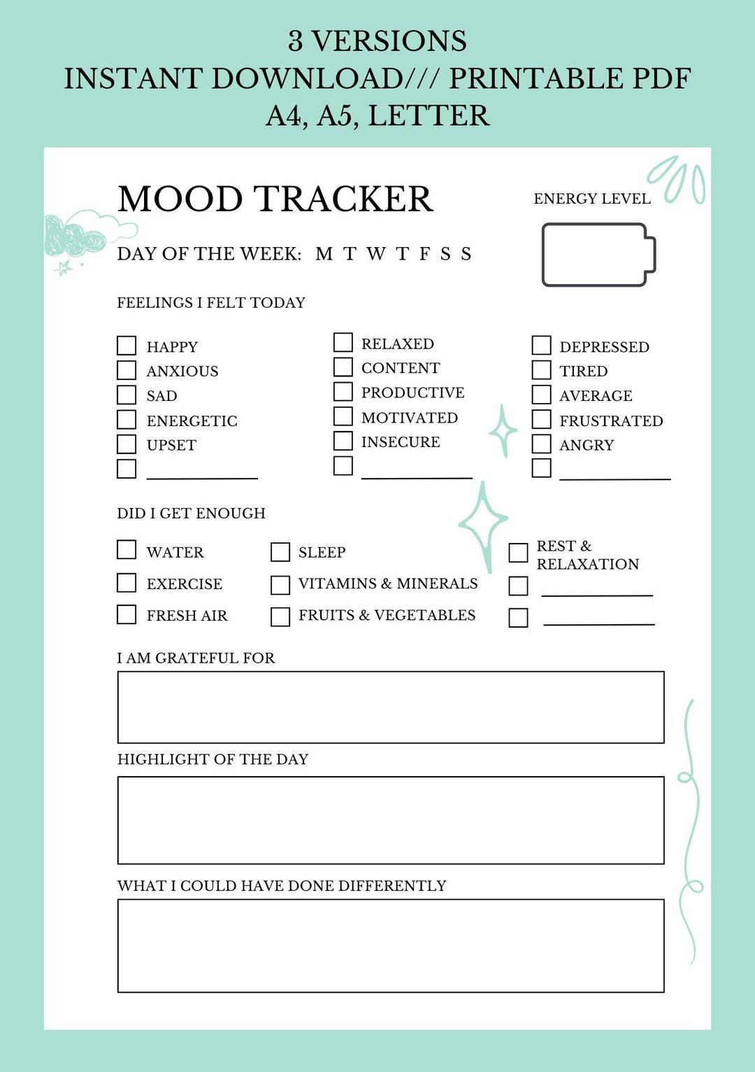 Daily Mood Tracker Printable Mood Journal Emotion Tracker Mood Chart Wellness Planner A4/a5 ...