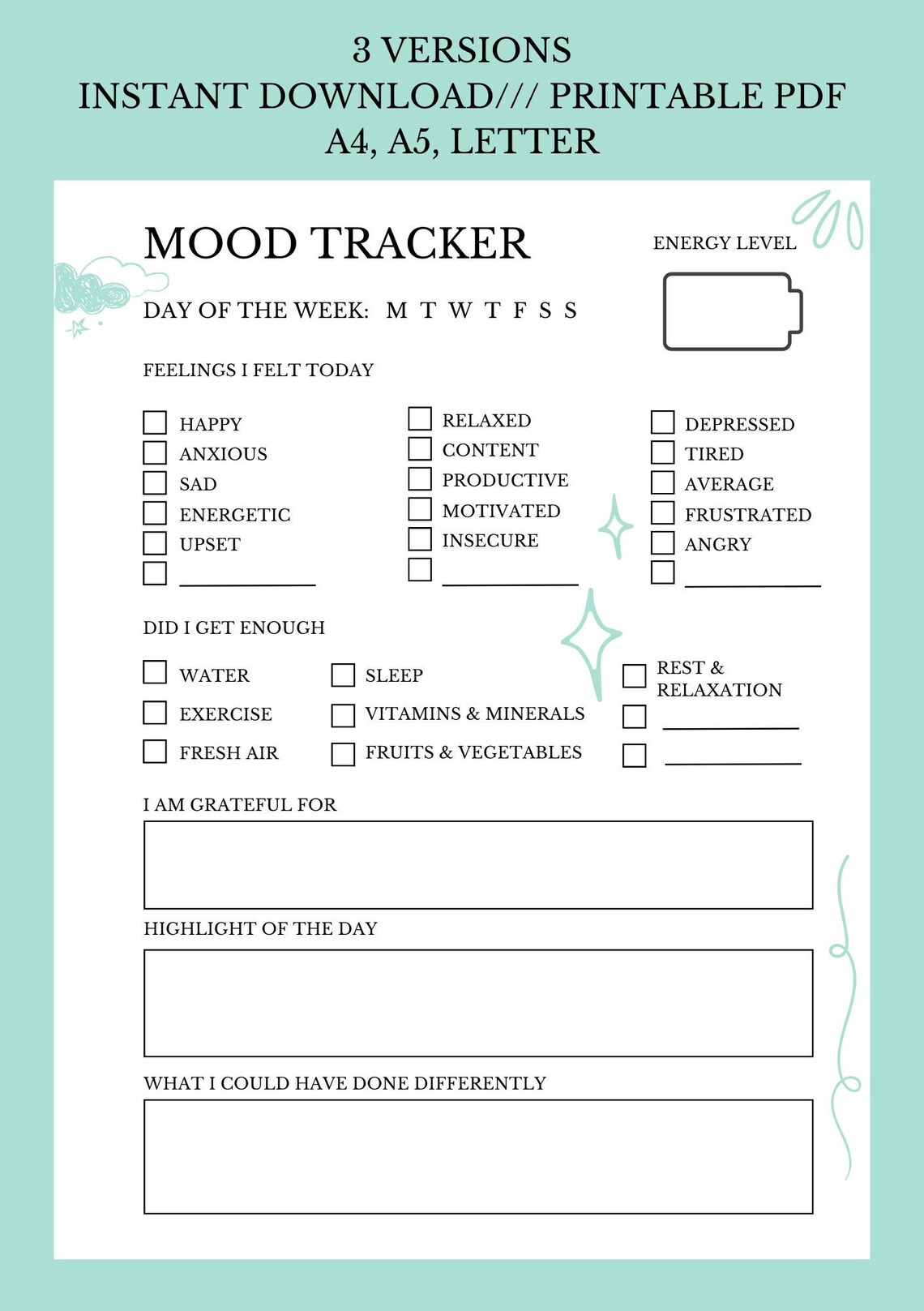 Daily Mood Tracker Printable Mood Journal Emotion Tracker Mood Chart ...
