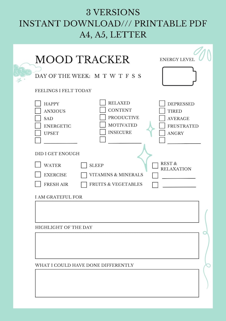 Daily Mood Tracker Printable Mood Journal Emotion Tracker Mood Chart ...