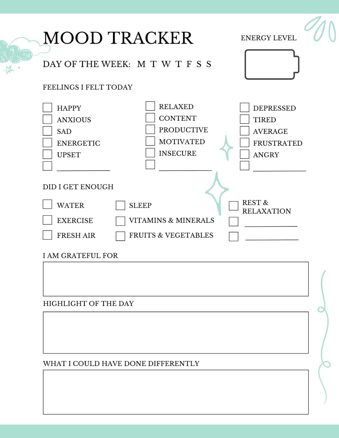 Daily Mood Tracker Printable Mood Journal Emotion Tracker Mood Chart ...