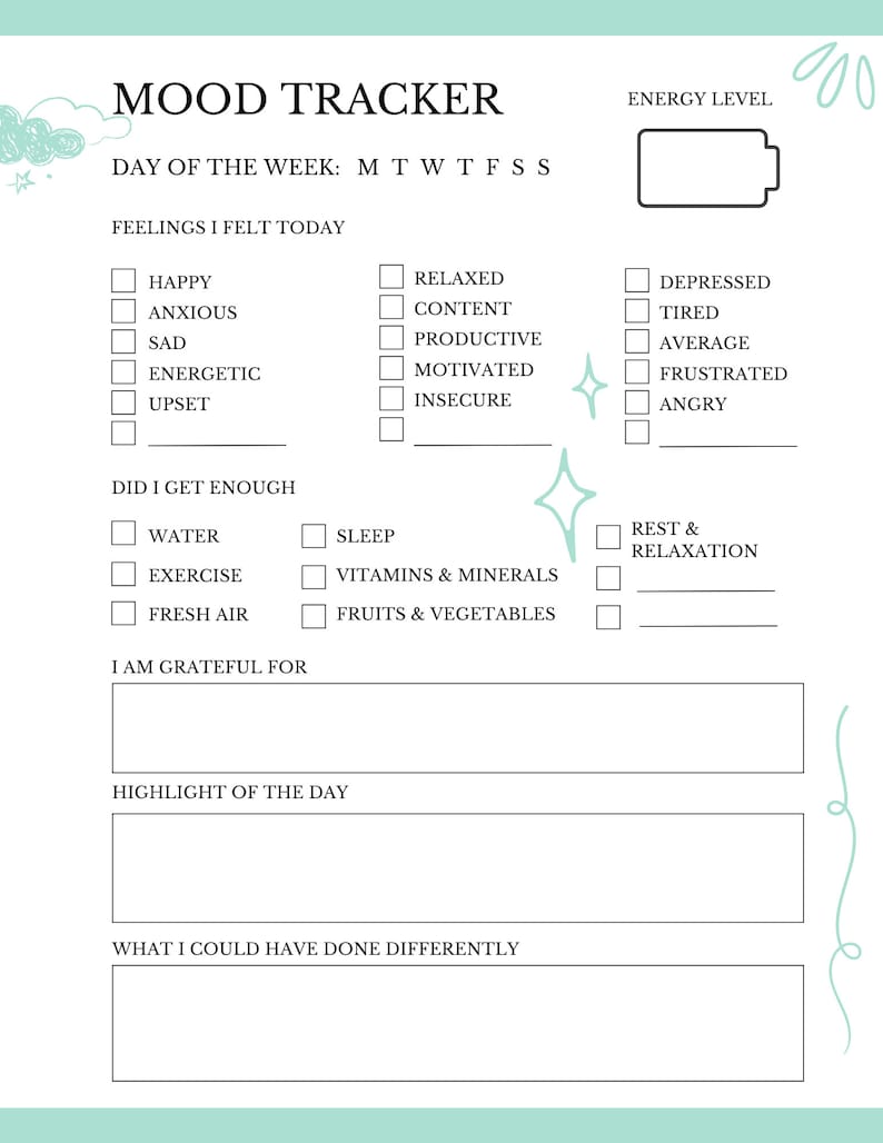 Daily Mood Tracker Printable Mood Journal Emotion Tracker Mood Chart ...
