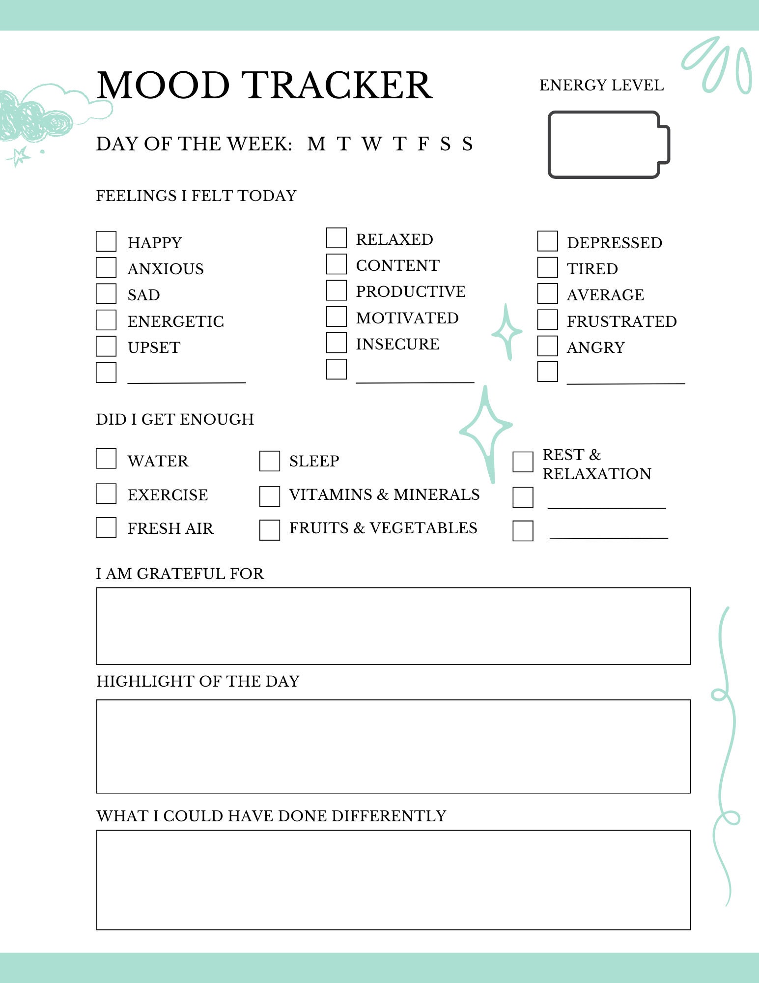 Daily Mood Tracker Printable Mood Journal Emotion Tracker Mood Chart ...