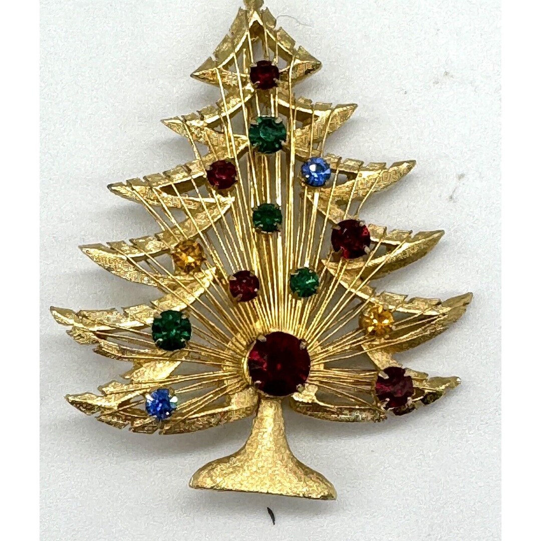 Vintage Brooks Harp Christmas Tree Pin Multi Colored Rhinestone Signed ...