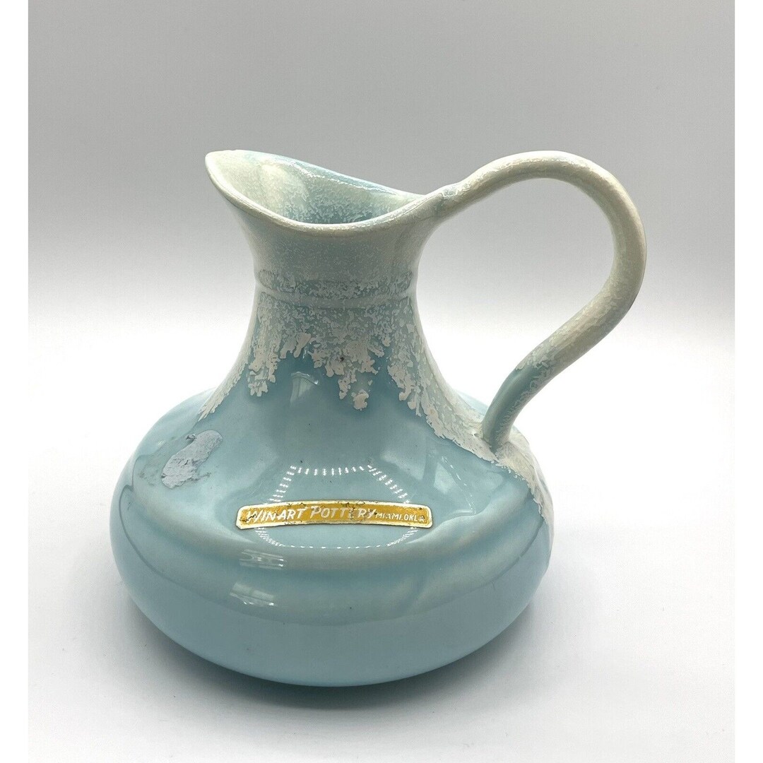 MCM Winart Pottery Drip Glaze Pitcher Blue White Small Chip See Photos ...