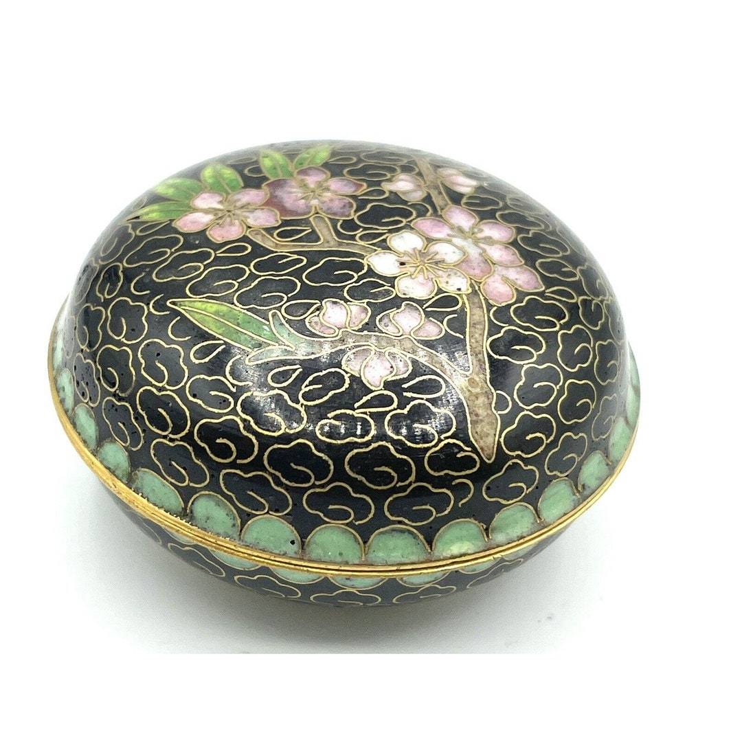 Cloisonne Box Vintage Black Round With Lid 1 1/8” Tall 2” in Diameter ...