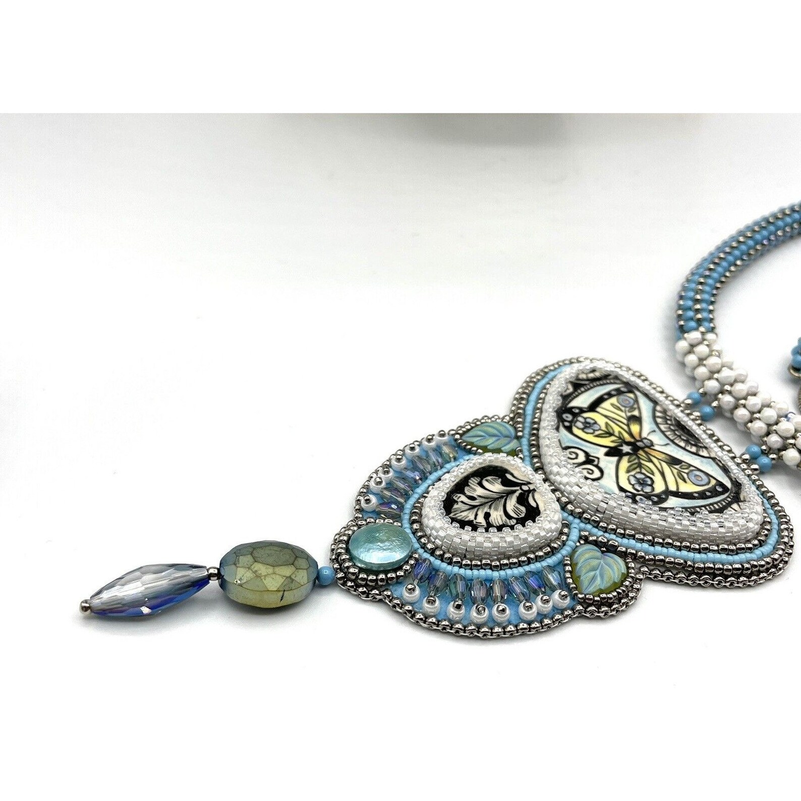 Bead Embroidered Necklace Butterfly Hand Painted Porcelain Cabs Beaded ...
