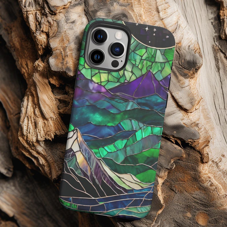 Northern Lights Mosaic Stained Glass Phone Case, Mountain Scene Phone ...