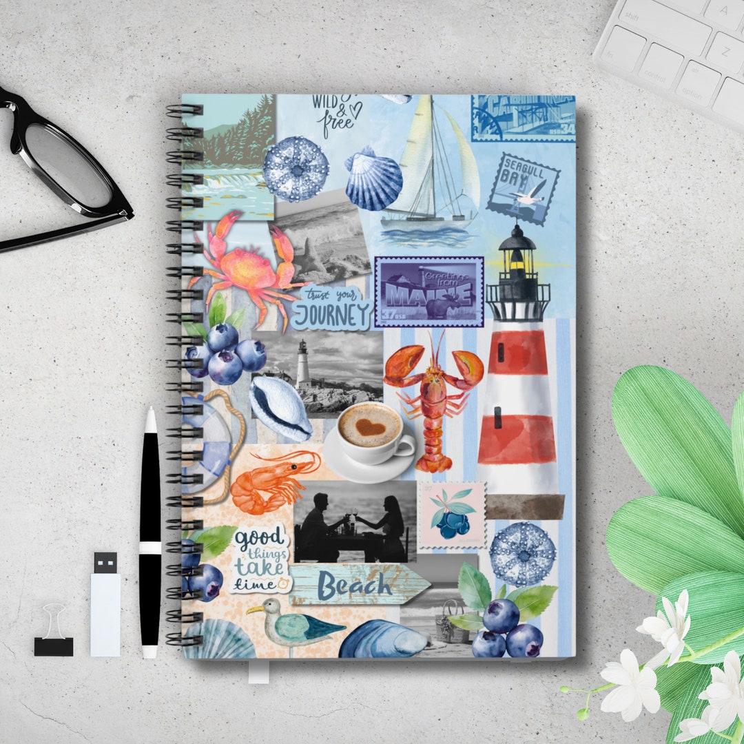 Blueberry Beach Coastal Collage Spiral Notebook, Ocean-inspired Style ...