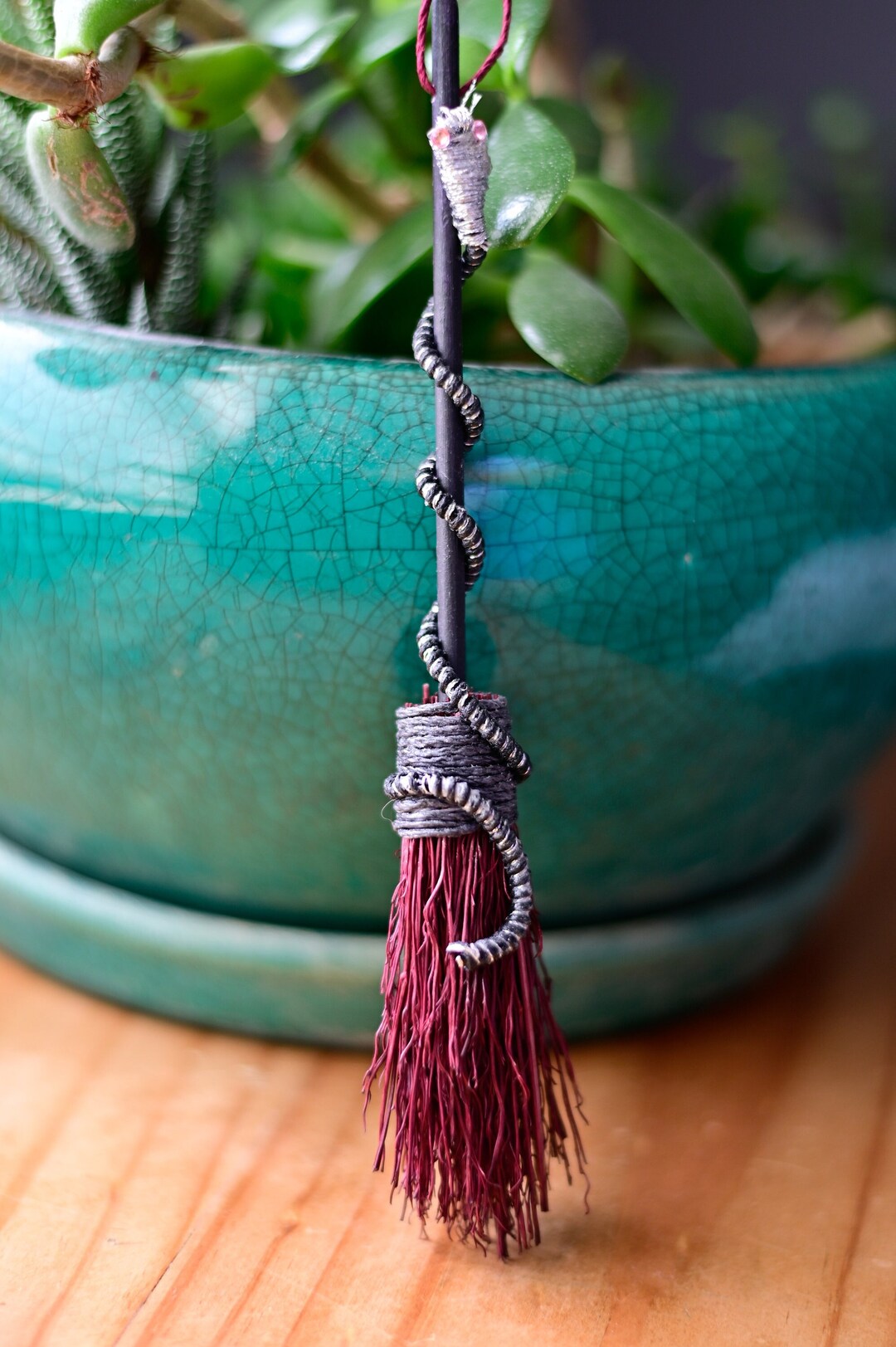 Burgundy Miniature Broom With Black and Silver Striped Snake, Miniature ...