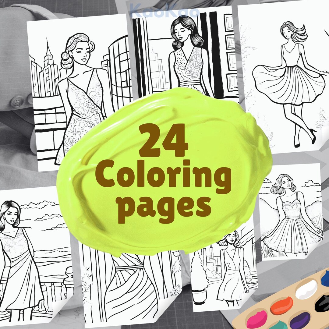 Fashion Short Dress Art Coloring Pages Set of 24! Sketch / Inspiration ...