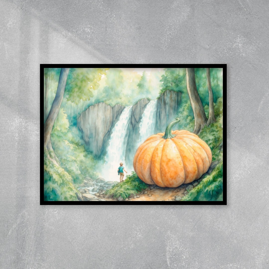 Tiny Human Climbing a Giant Pumpkin in a Lush Green Forest Setting With ...