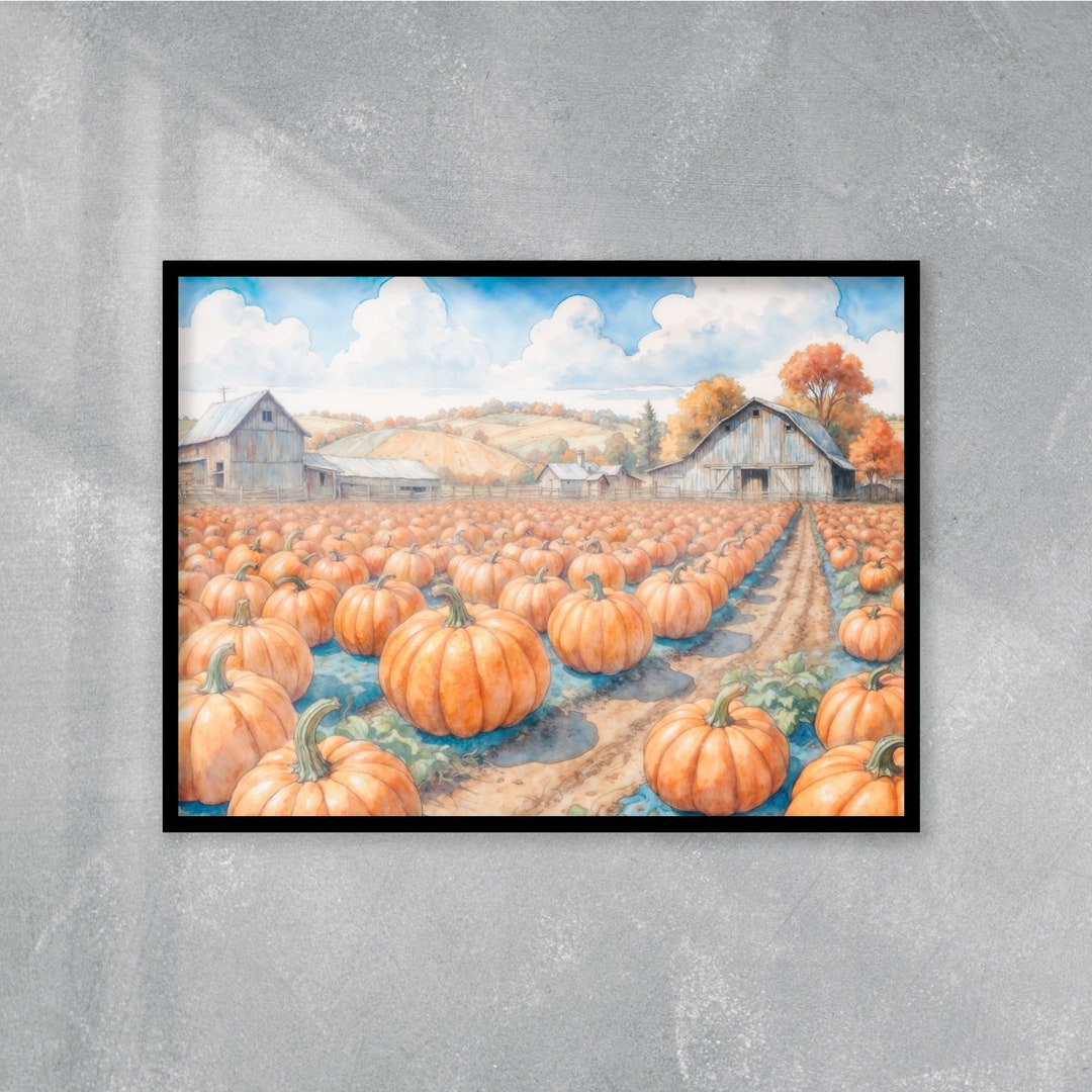 Artistic Watercolor Painting Depicting a Vintage Pumpkin Farm Scene ...
