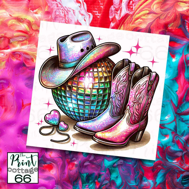 Disco Ball and Cowgirl Boots T-shirt PNG, Pink Cowgirl Party PNG ...