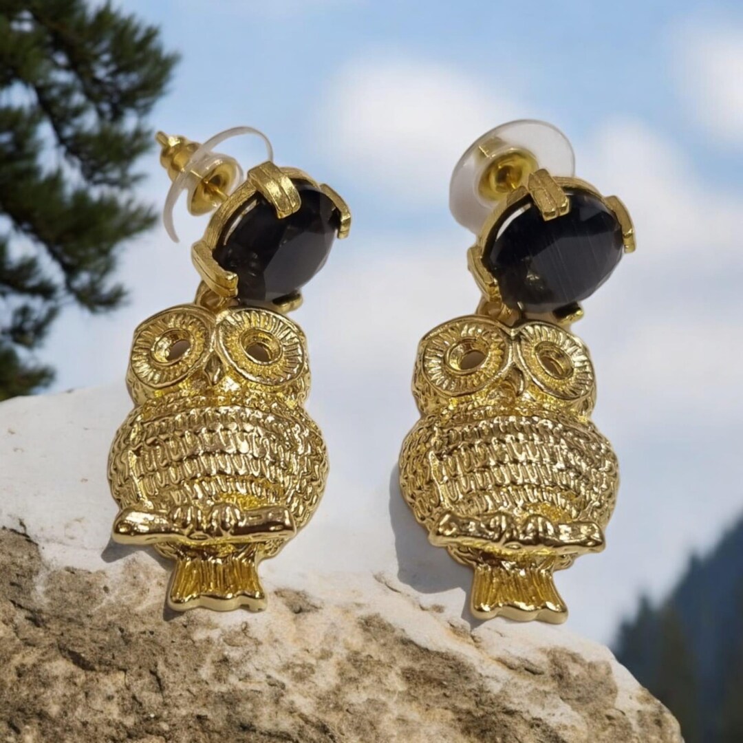 Owl Model / Cat Eyes Stone / for Good Luck / Handmade Brass Earrings ...