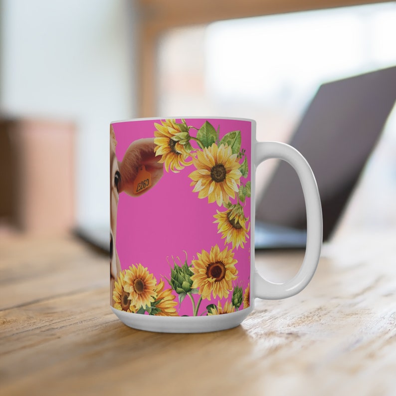 Cute Cow Coffee Cup - Sunflower Hot Pink Mug, Unique Cow and Flower Mug ...