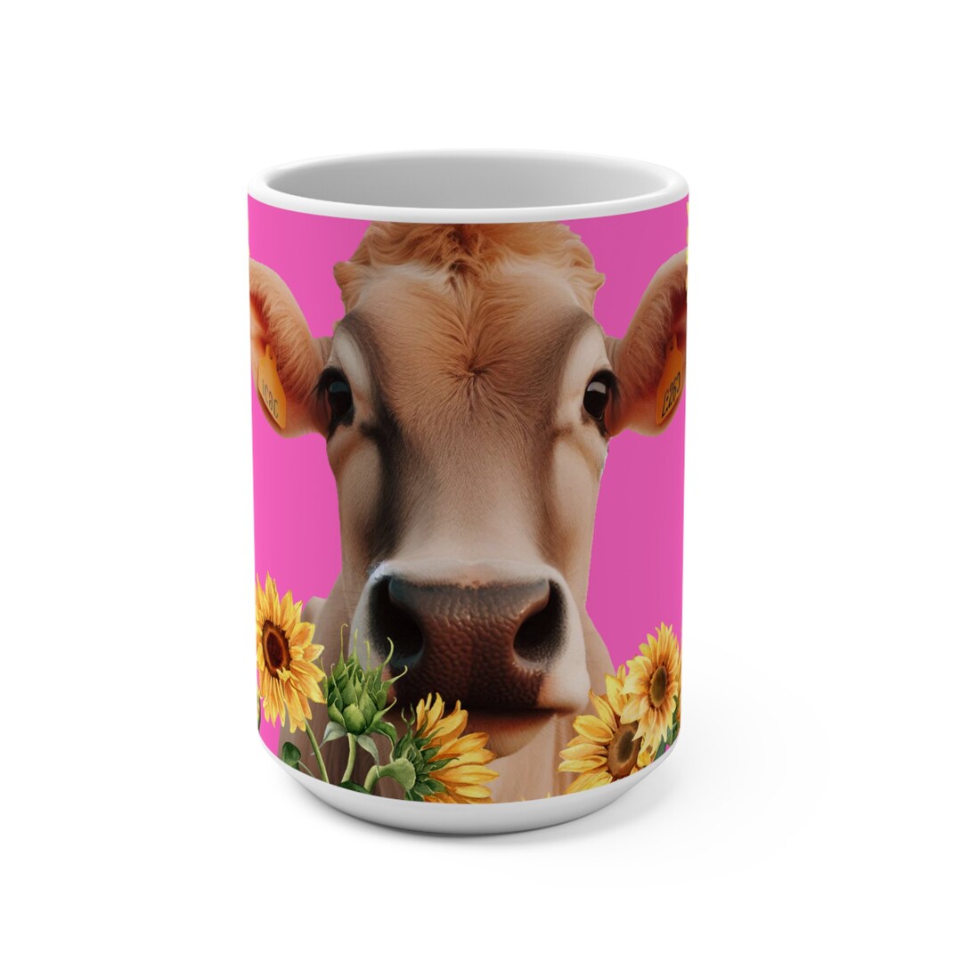 Cute Cow Coffee Cup - Sunflower Hot Pink Mug, Unique Cow and Flower Mug ...