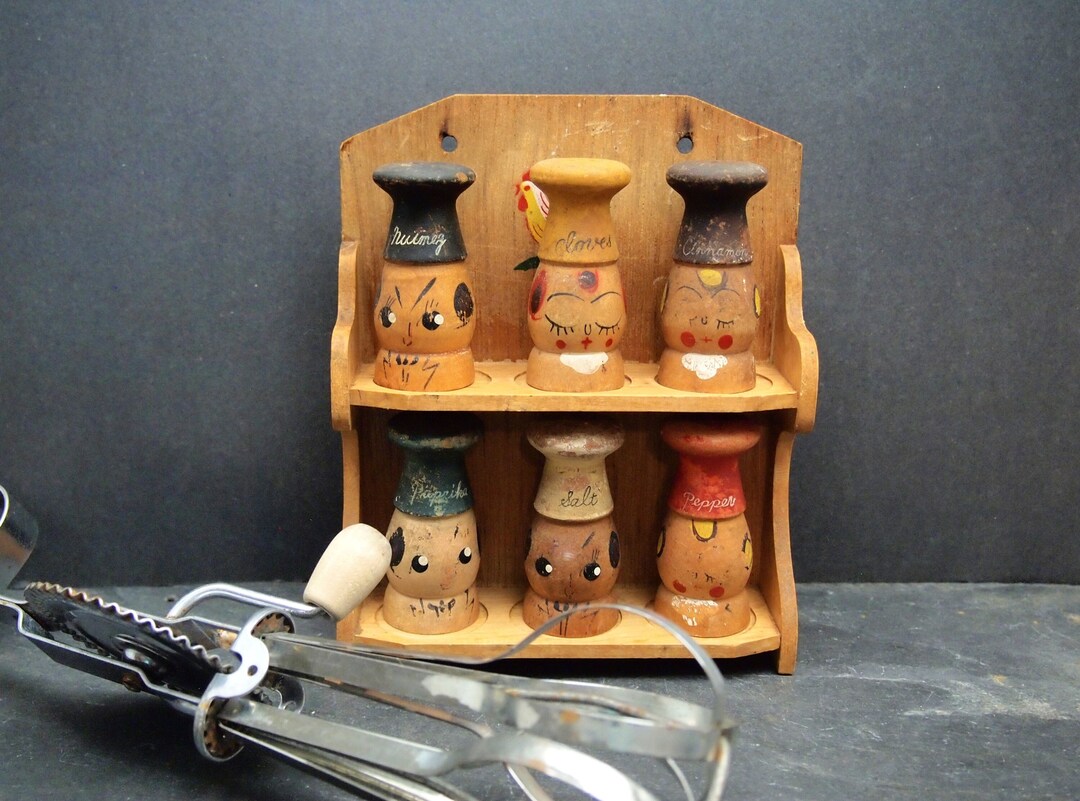 Set of Vintage Wood Chef Spice Rack With Shakers Spices Primitive Japan ...