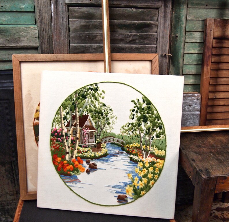 Set of 2 Embroidery Scenes in Frame Water Wheel River With - Etsy