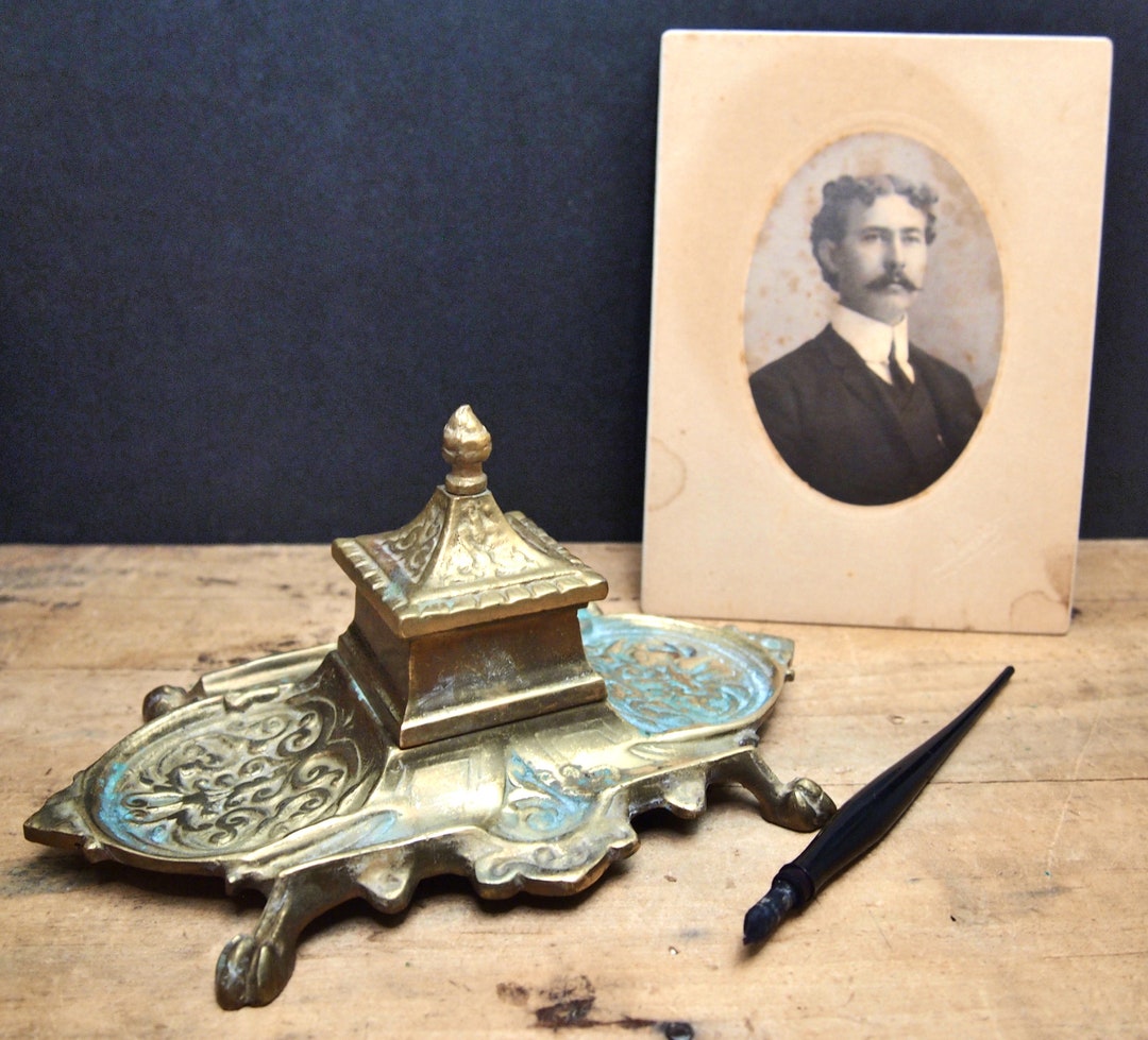 Brass Pen Holder and Ink Well Pot Vintage Desk Set As-is Made in Japan ...