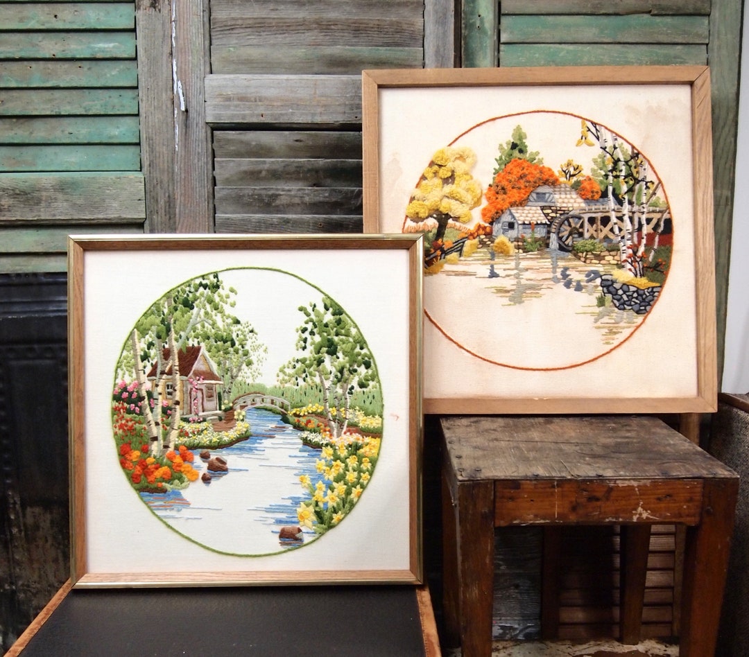 Set of 2 Embroidery Scenes in Frame Water Wheel River With - Etsy