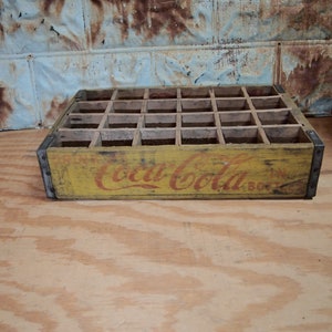 Old Wood Soda Pop Coke Divided Crate Coca Cola Yellow Cubbies Metal ...