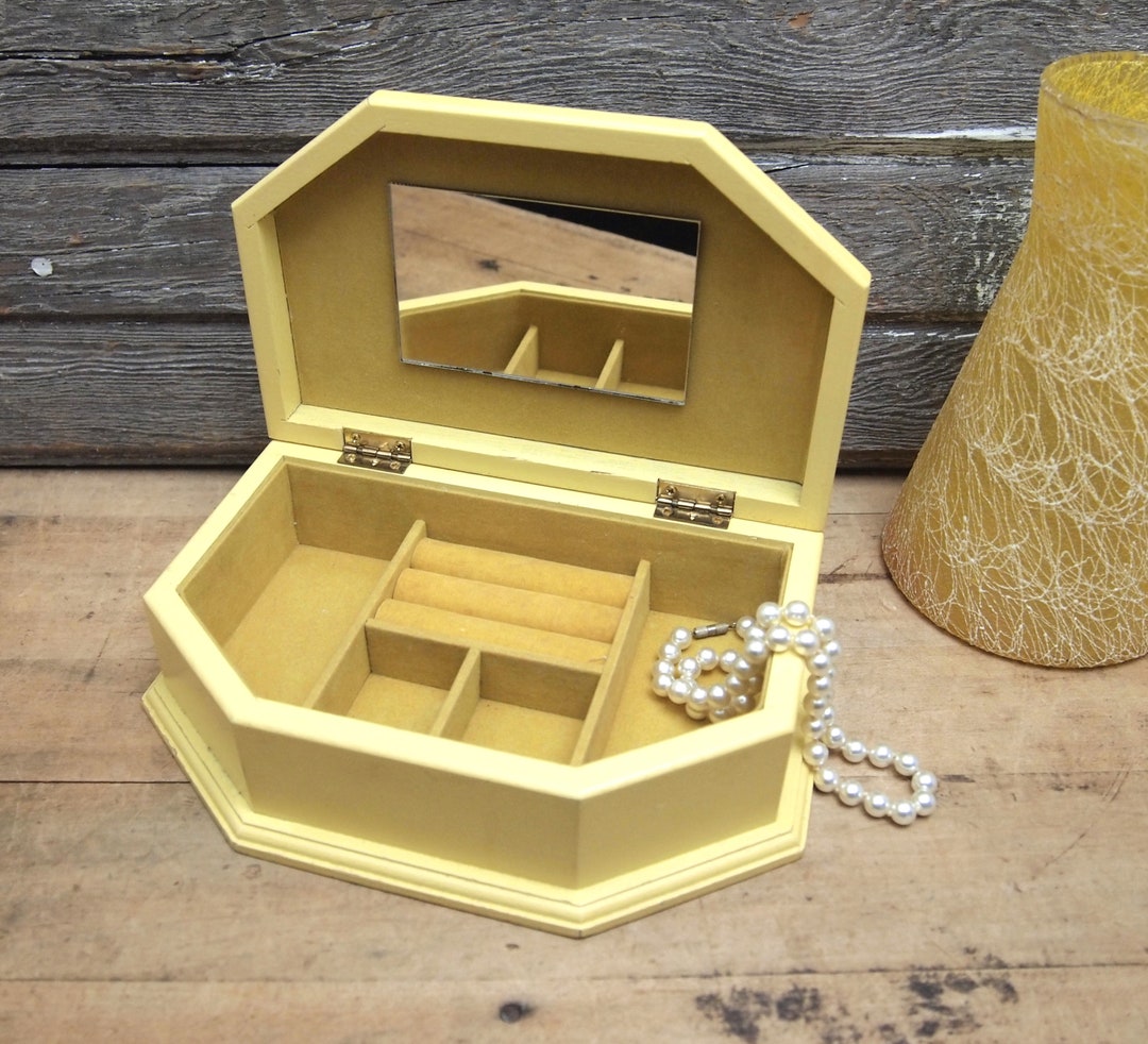 Vintage Yellow Wood and Felt Jewelry Box With Mirror SYOC - Etsy