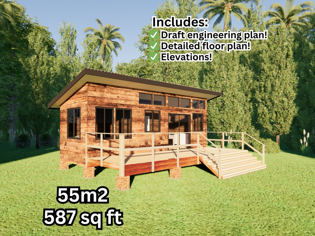 55m2 (587 Sq Ft) Small Cabin Rectangle - Draft Engineering Plan, Floor ...