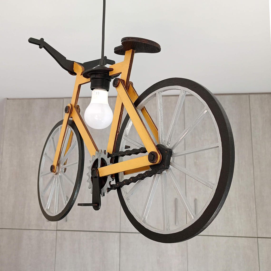 Wooden Bicycle Pendant Lamp – Handmade 3D Artistic Night Light, Modern ...