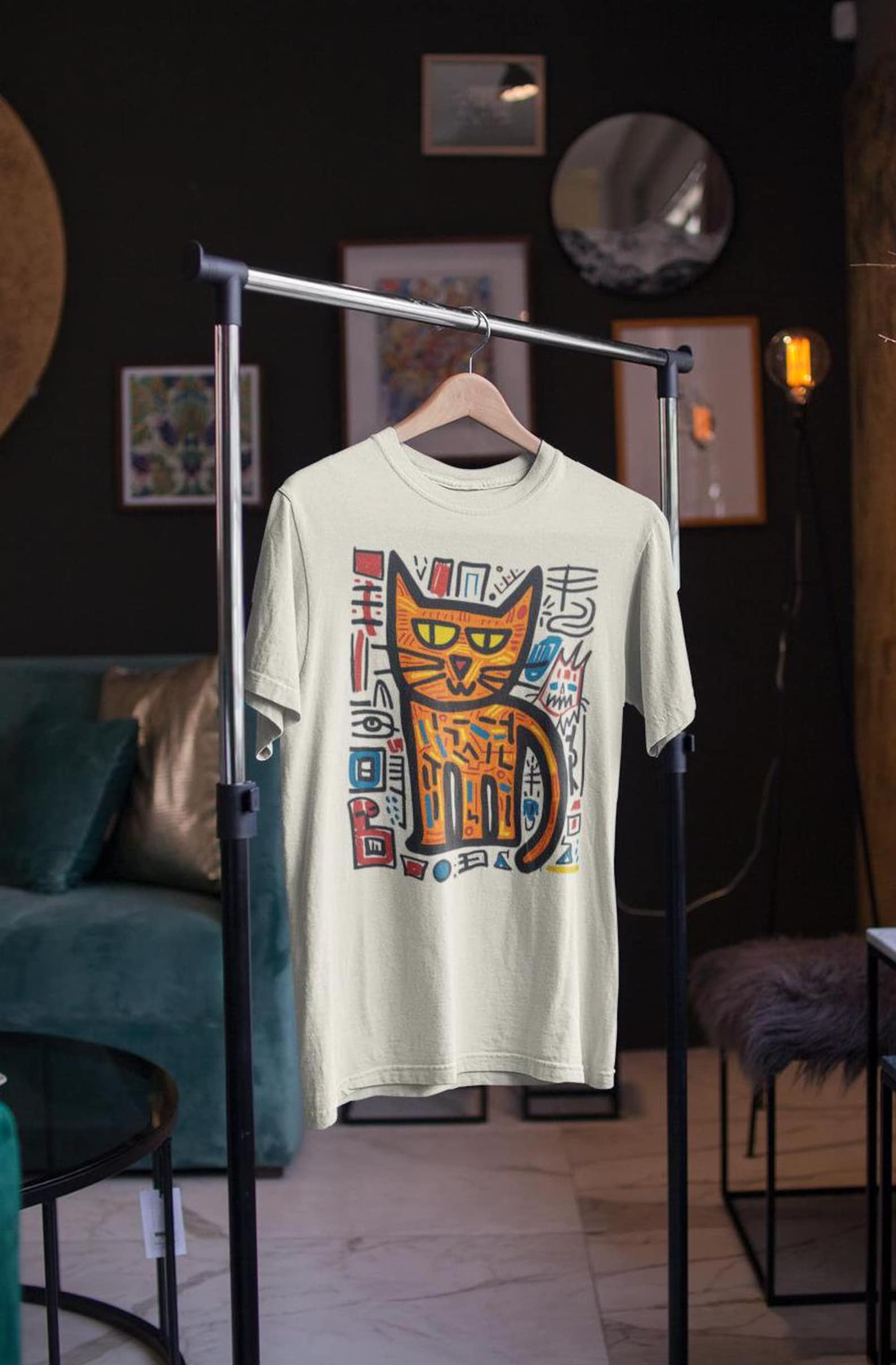 Keith Haring Inspired Cat Shirt Playful Cat Tee Bold Colors Artistic ...