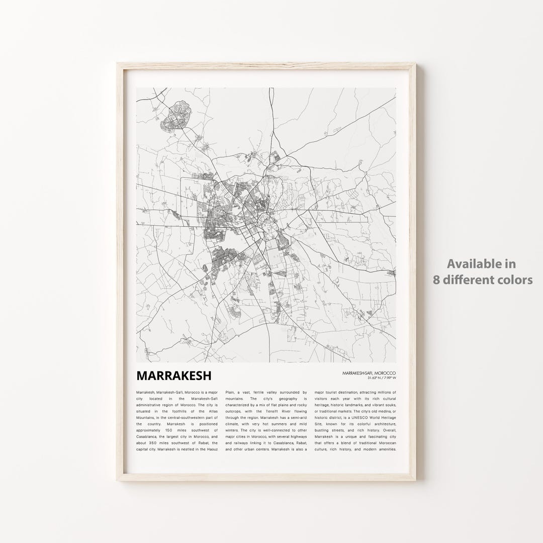 Marrakesh Map Print, Marrakesh Travel Map, Marrakesh Wall Decor Art ...