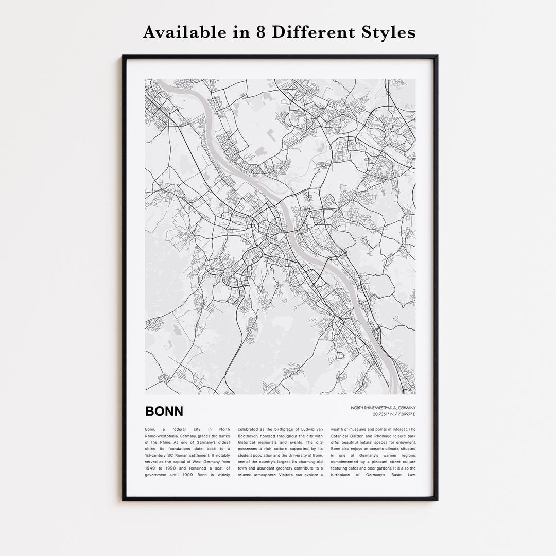 Bonn Map Print, Bonn Travel Map, Bonn Wall Decor Art, Bonn North Rhine ...