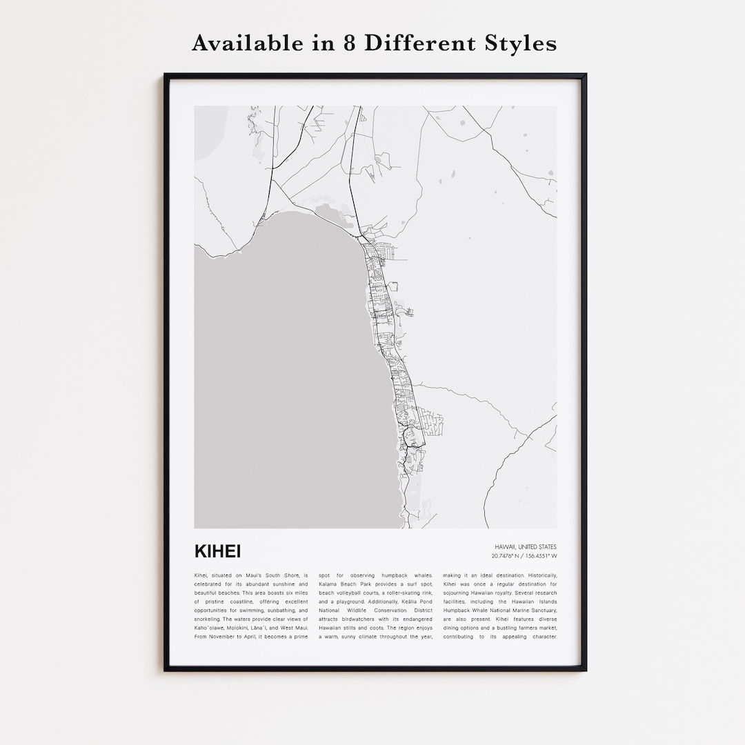 Kihei Map Print, Kihei Travel Map, Kihei Wall Decor Art, Kihei Hawaii ...