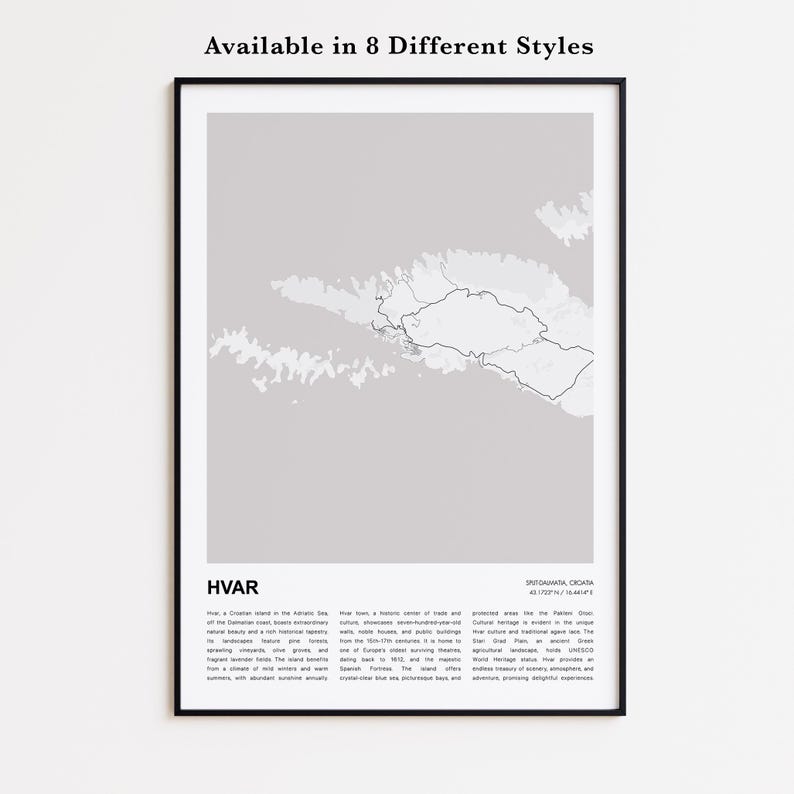 Hvar Map Print, Hvar Travel Map, Hvar Wall Decor Art, Hvar Split ...
