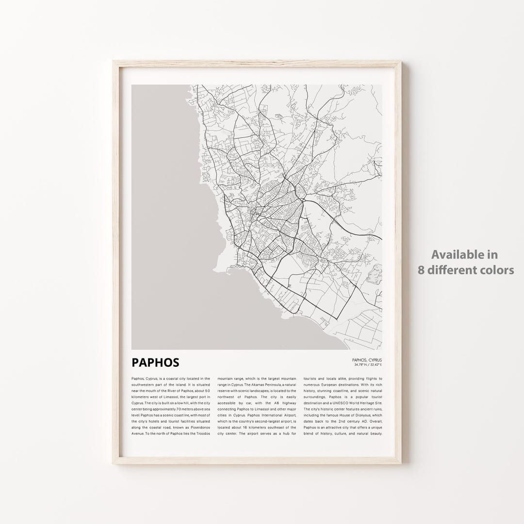Paphos Map Print, Paphos Travel Map, Paphos Wall Decor Art, Paphos ...