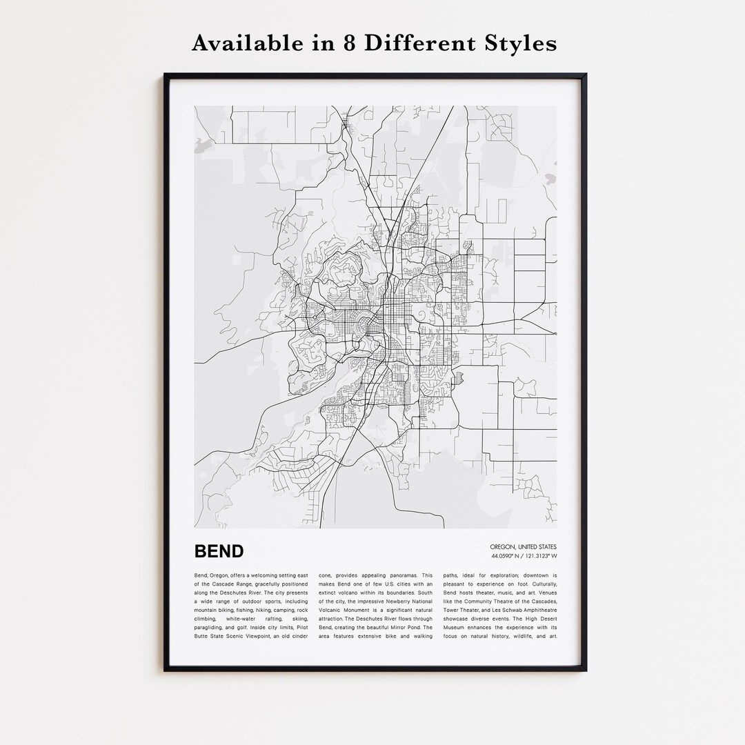 Bend Map Print, Bend Travel Map, Bend Wall Decor Art, Bend Oregon ...