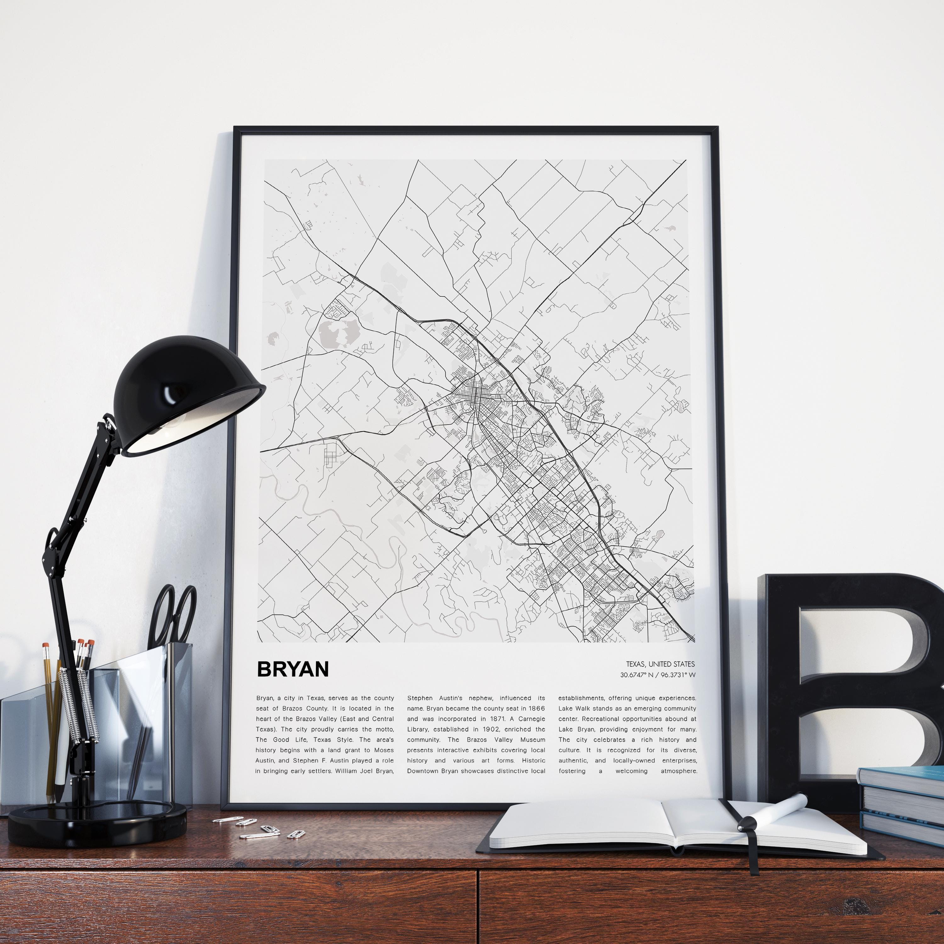 Bryan Map Print, Bryan Travel Map, Bryan Wall Decor Art, Bryan Texas ...