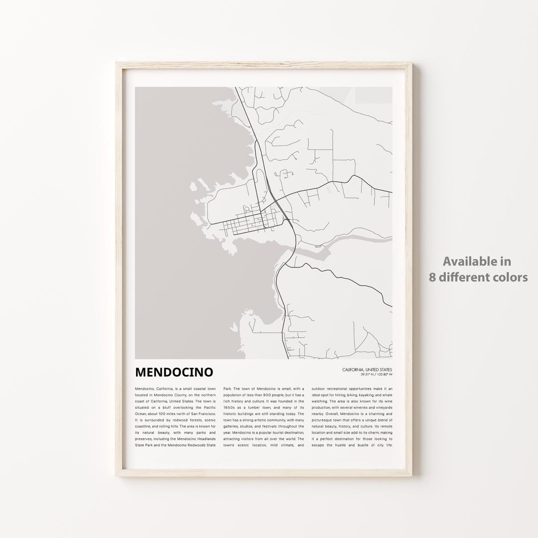 Mendocino Map Print, Mendocino Travel Map, Mendocino Wall Decor Art ...