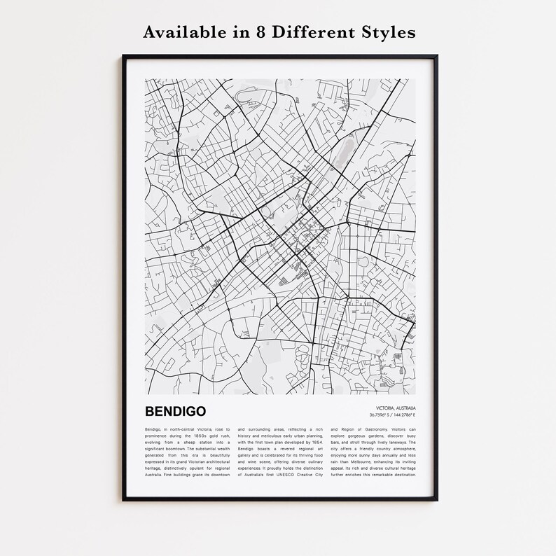 Bendigo Map Print, Bendigo Travel Map, Bendigo Wall Decor Art, Bendigo ...