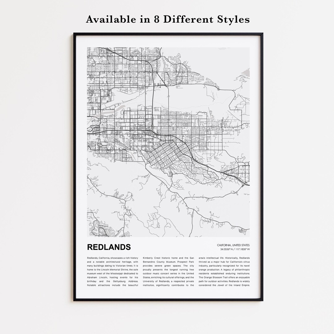 Redlands Map Print, Redlands Travel Map, Redlands Wall Decor Art ...