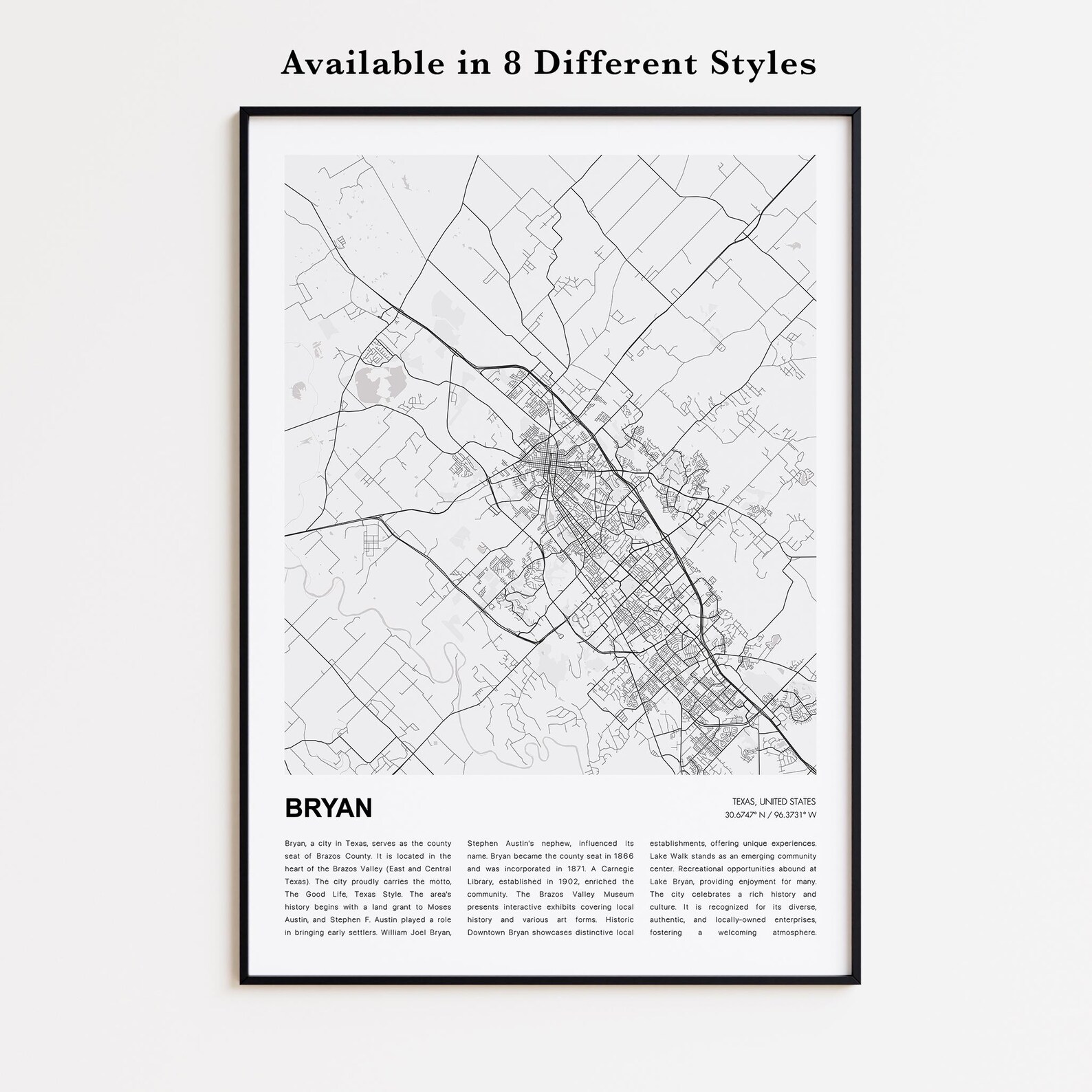 Bryan Map Print, Bryan Travel Map, Bryan Wall Decor Art, Bryan Texas ...