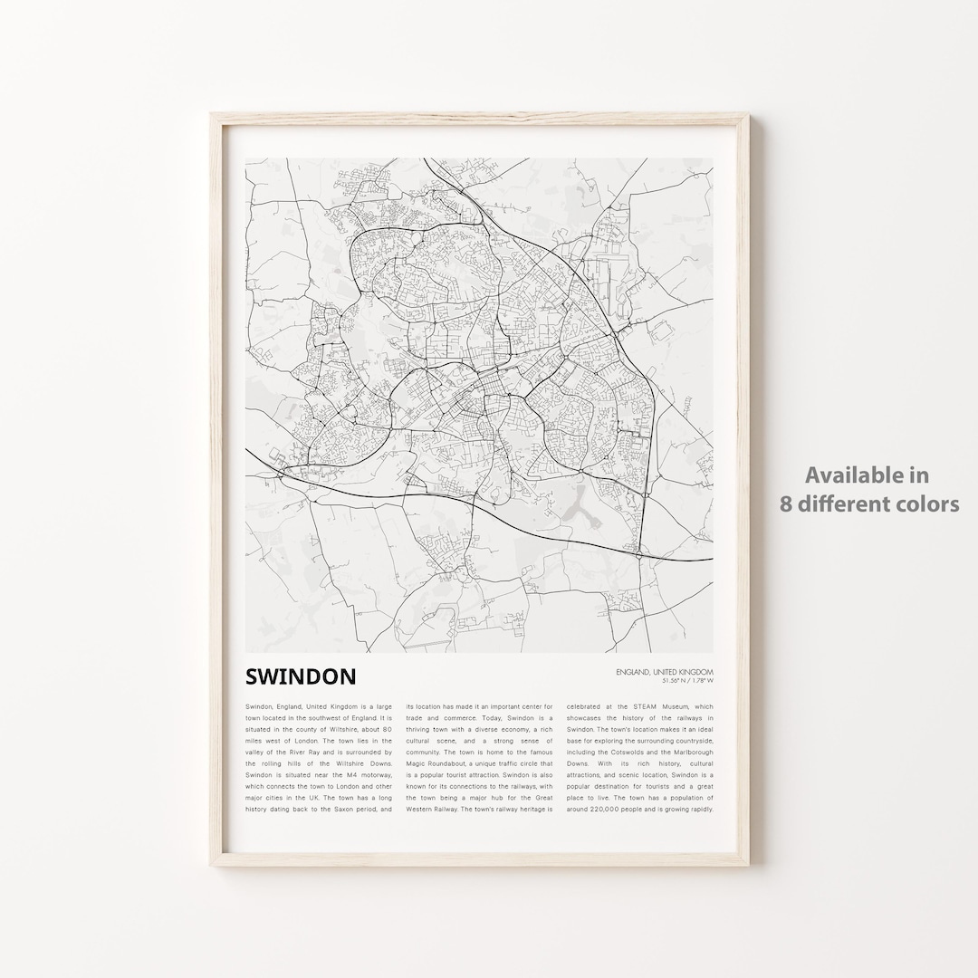 Swindon Map Print, Swindon Travel Map, Swindon Wall Decor Art, Swindon ...