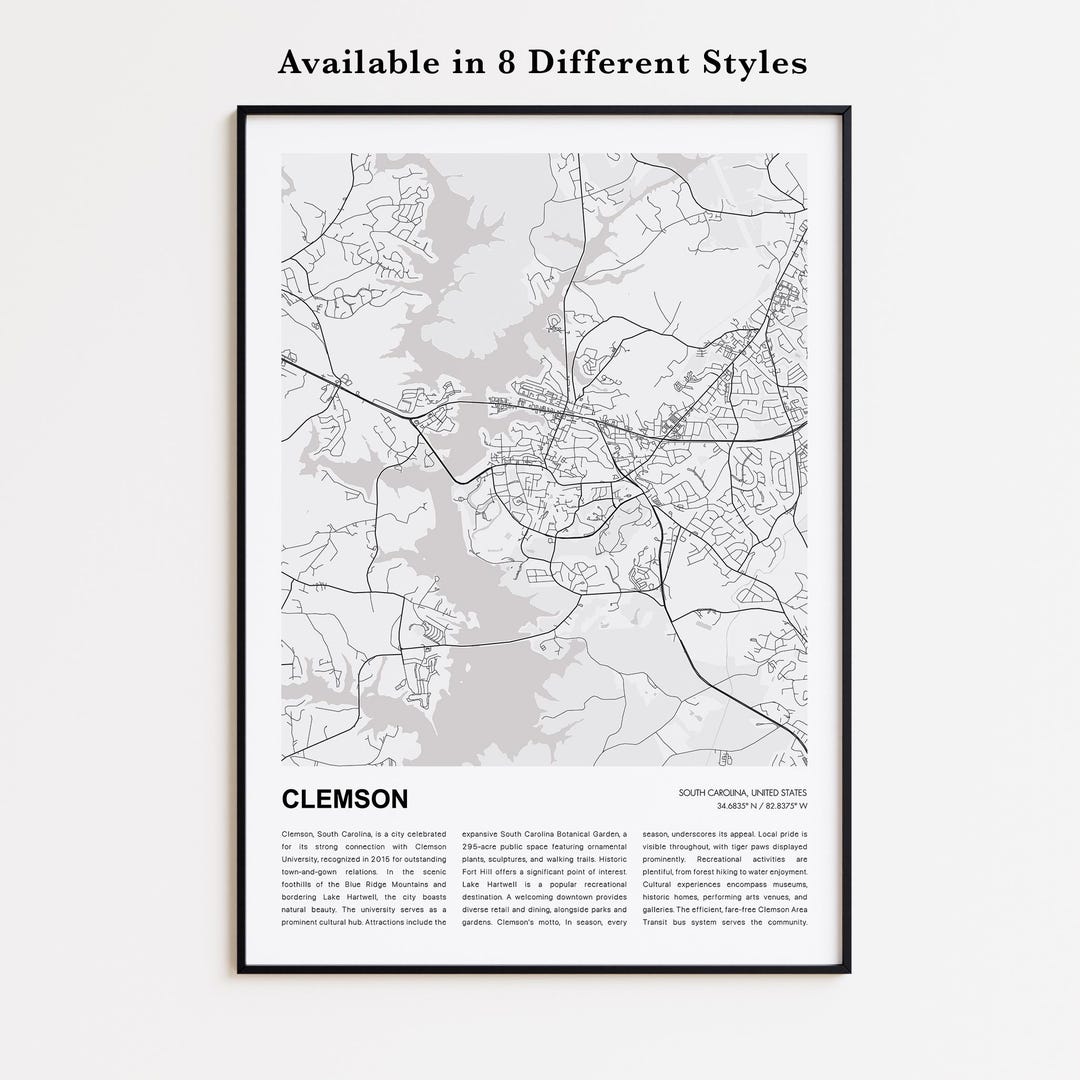 Clemson Map Print, Clemson Travel Map, Clemson Wall Decor Art, Clemson ...