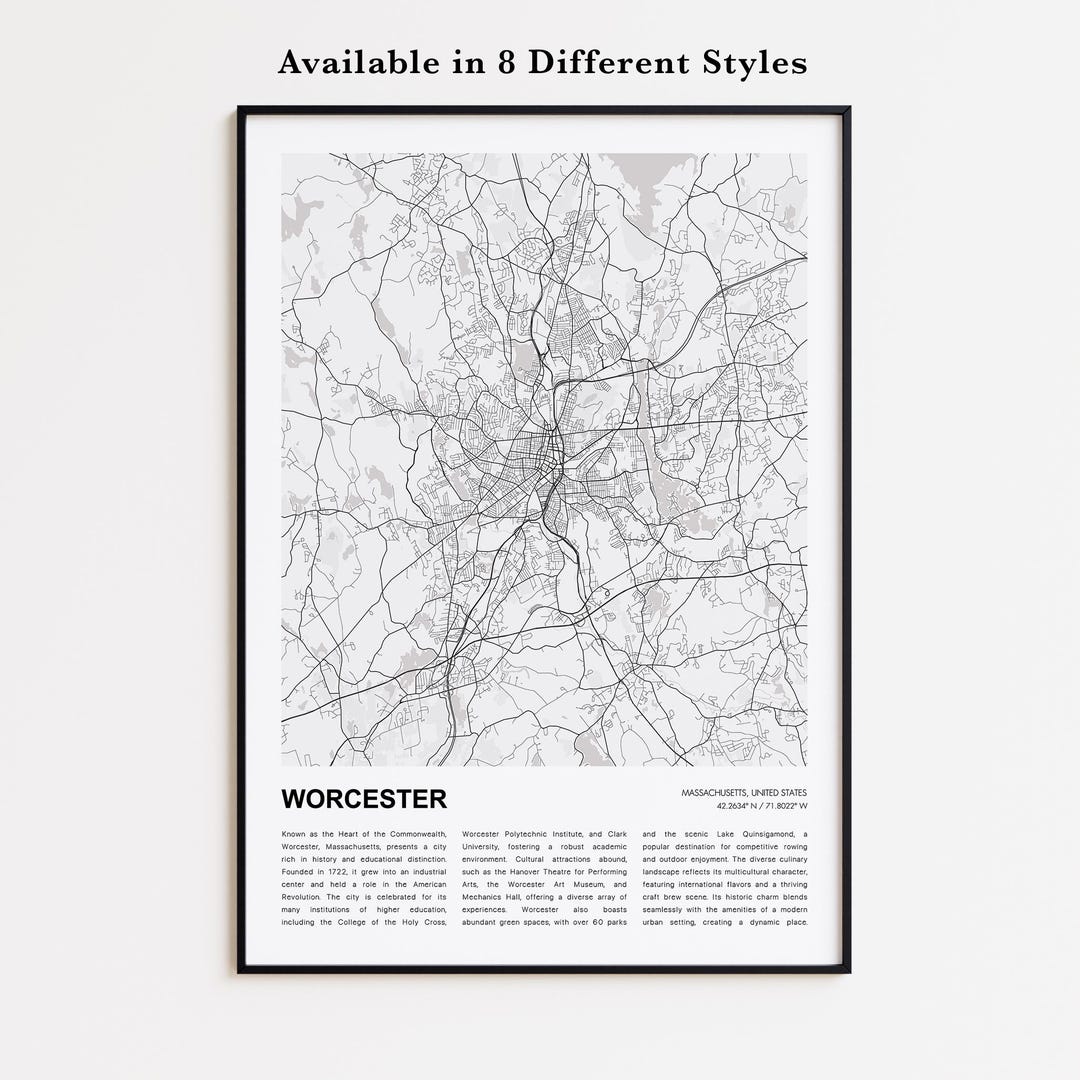 Worcester Map Print, Worcester Travel Map, Worcester Wall Decor Art ...