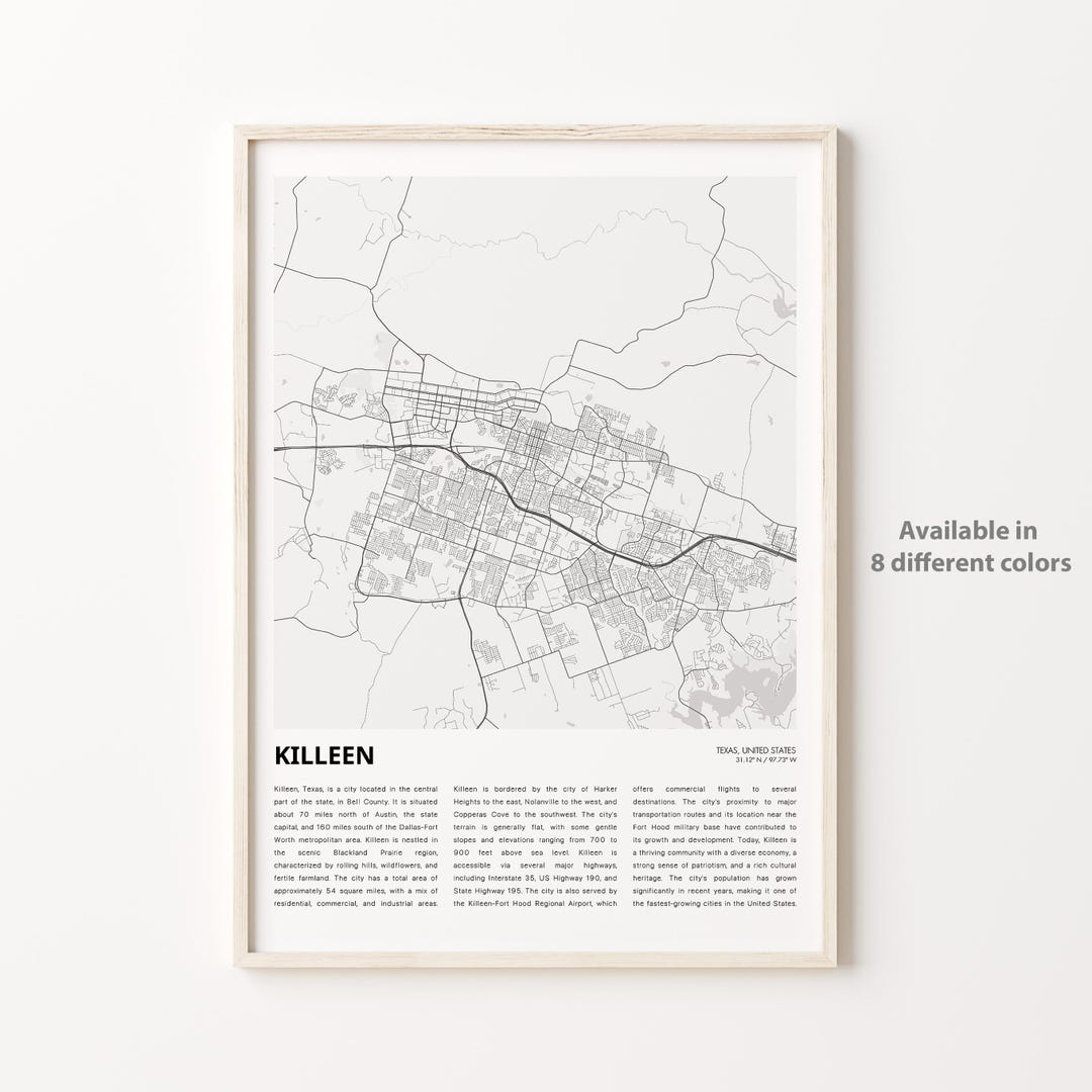 Killeen Map Print, Killeen Travel Map, Killeen Wall Decor Art, Killeen ...