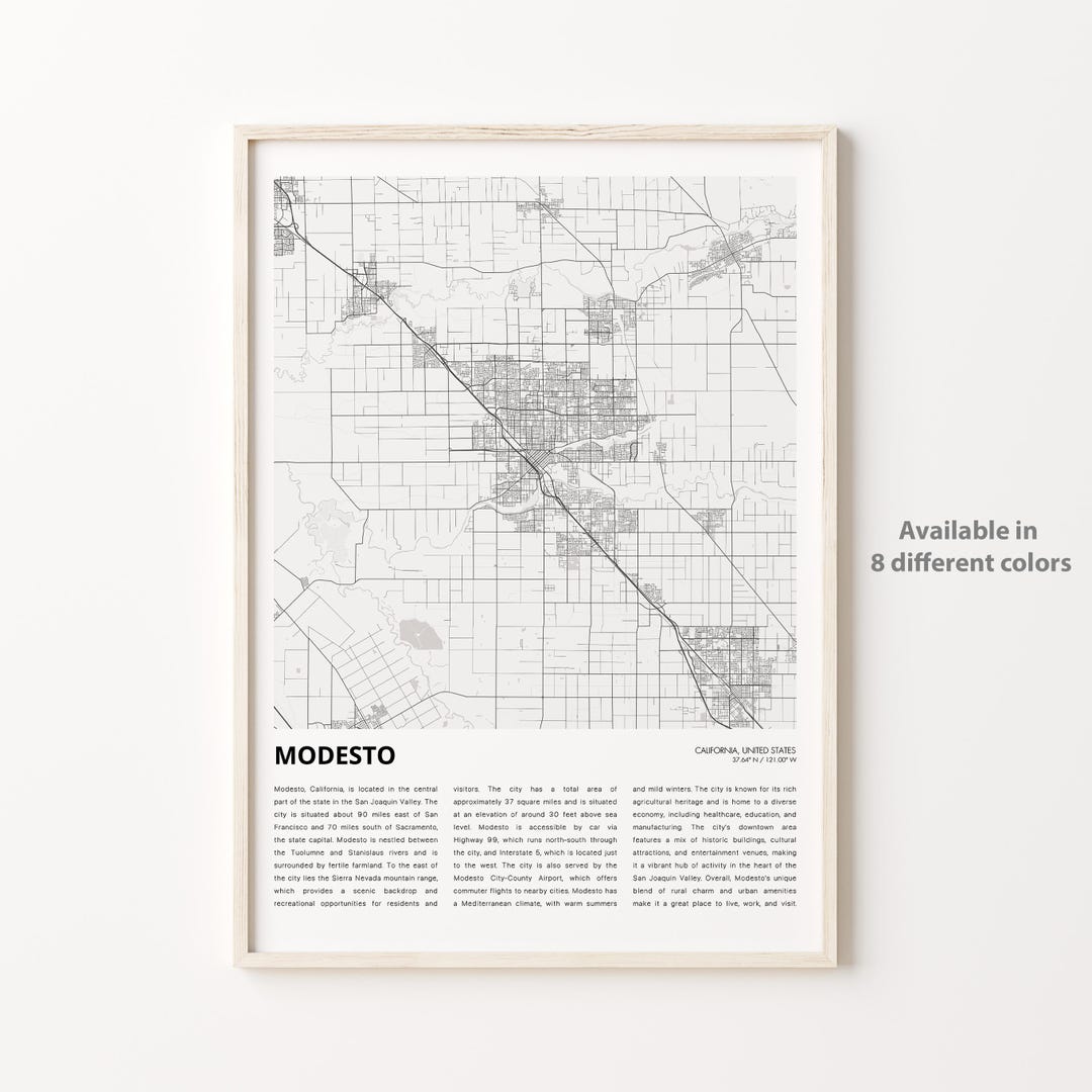 Modesto Map Print, Modesto Travel Map, Modesto Wall Decor Art, Modesto ...