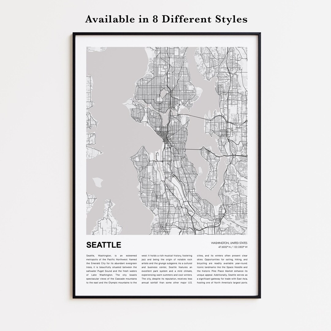 Mapa impreso de Seattle, Mapa turístico de Seattle, Arte decorativo de ...