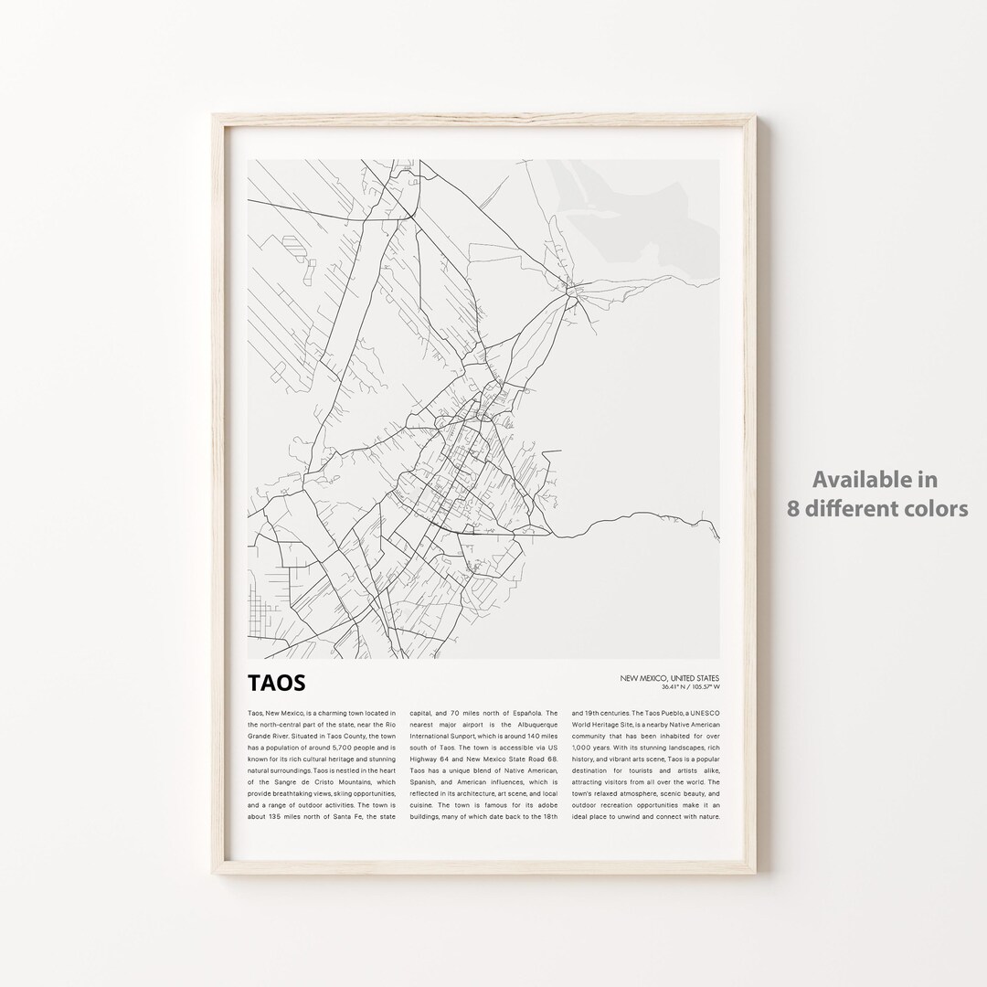 Taos Map Print, Taos Travel Map, Taos Wall Decor Art, Taos New Mexico ...